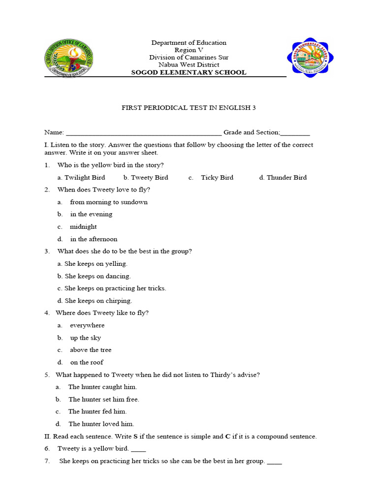 First Quarter Test in English 3 2022 2023 Obero | PDF