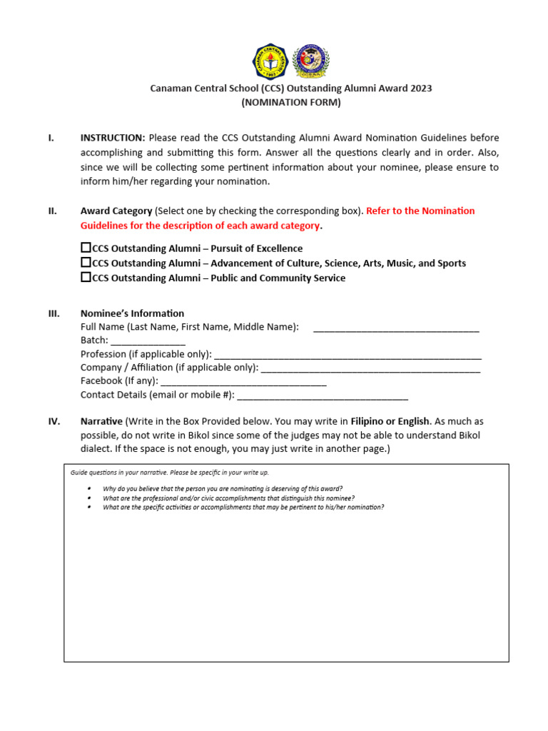 CCS Outstanding Alumni Award Nomination Form | PDF | Career & Growth