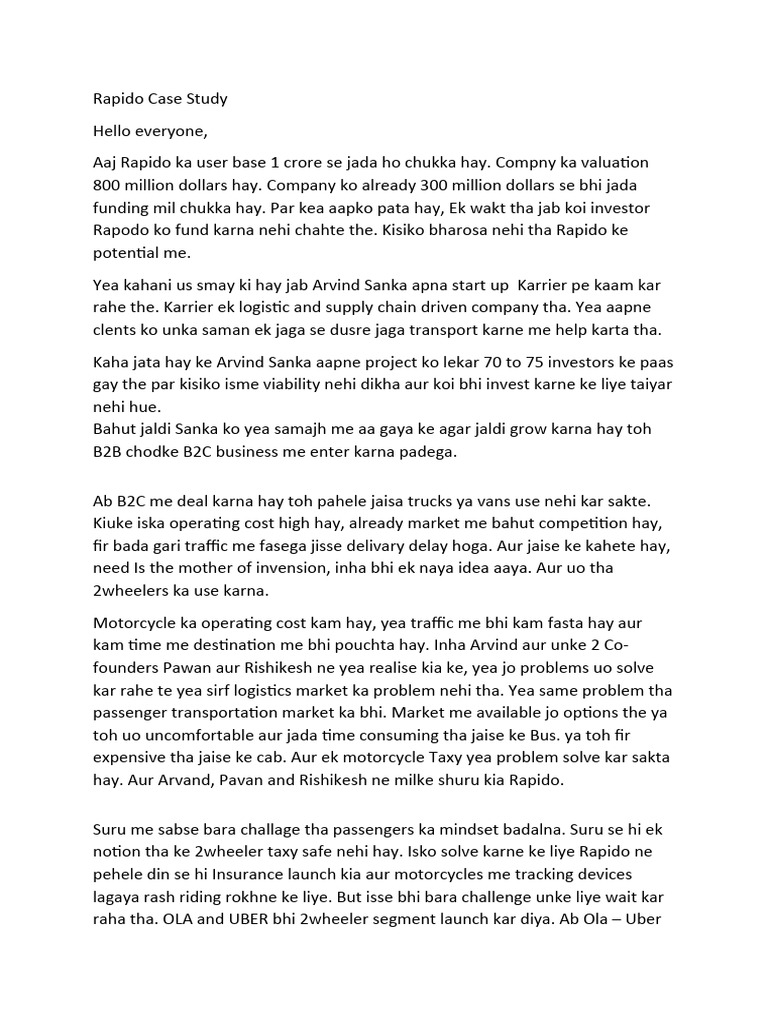 Rapido Case Stud1 | PDF | Vehicles For Hire