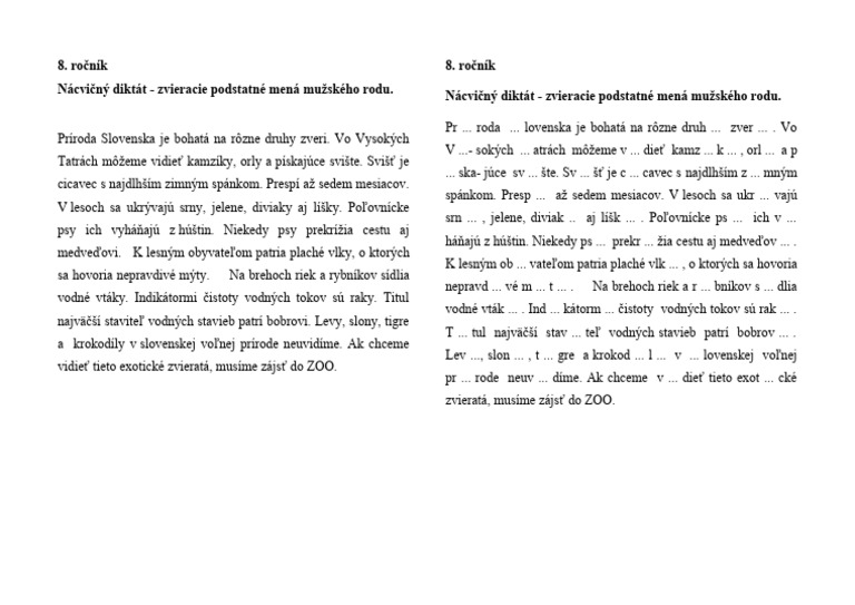 Zvieracie Podstatné Mená MR - Nácvičný Diktát | PDF