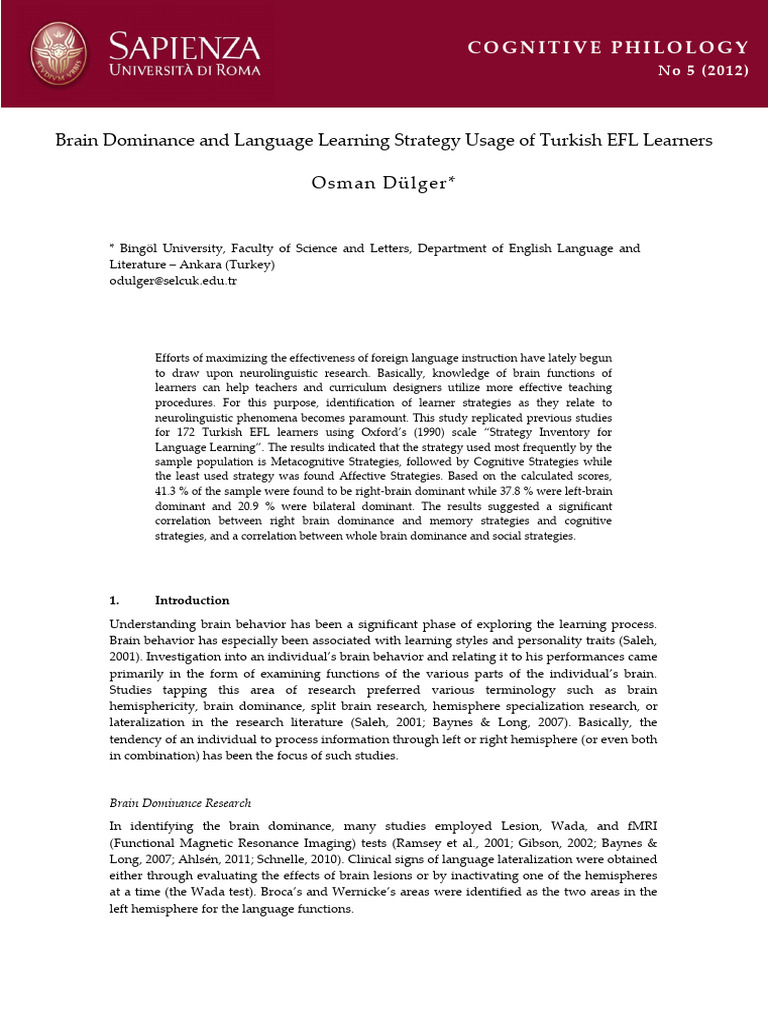 Canettieri, BRAIN DOMINANCE AND LANGUAGE LEARNING STRATEGY USAGE | PDF | Lateralization Of Brain ...