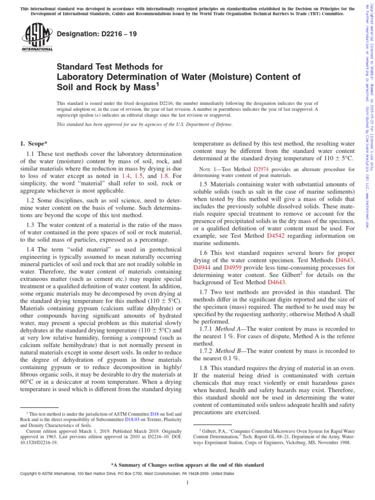 ASTM D 2216 - 19 - Laboratory Determination of Water (Moisture) Content ...