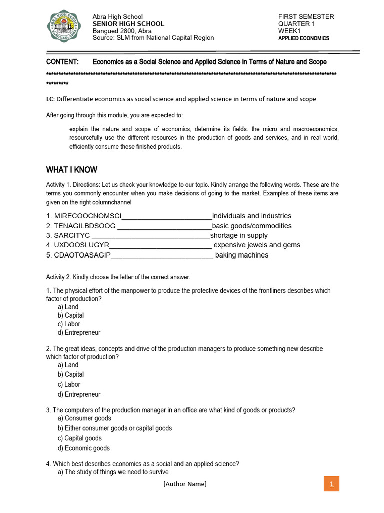 Applied Eco Q1 WK 1 | PDF | Economics | Factors Of Production