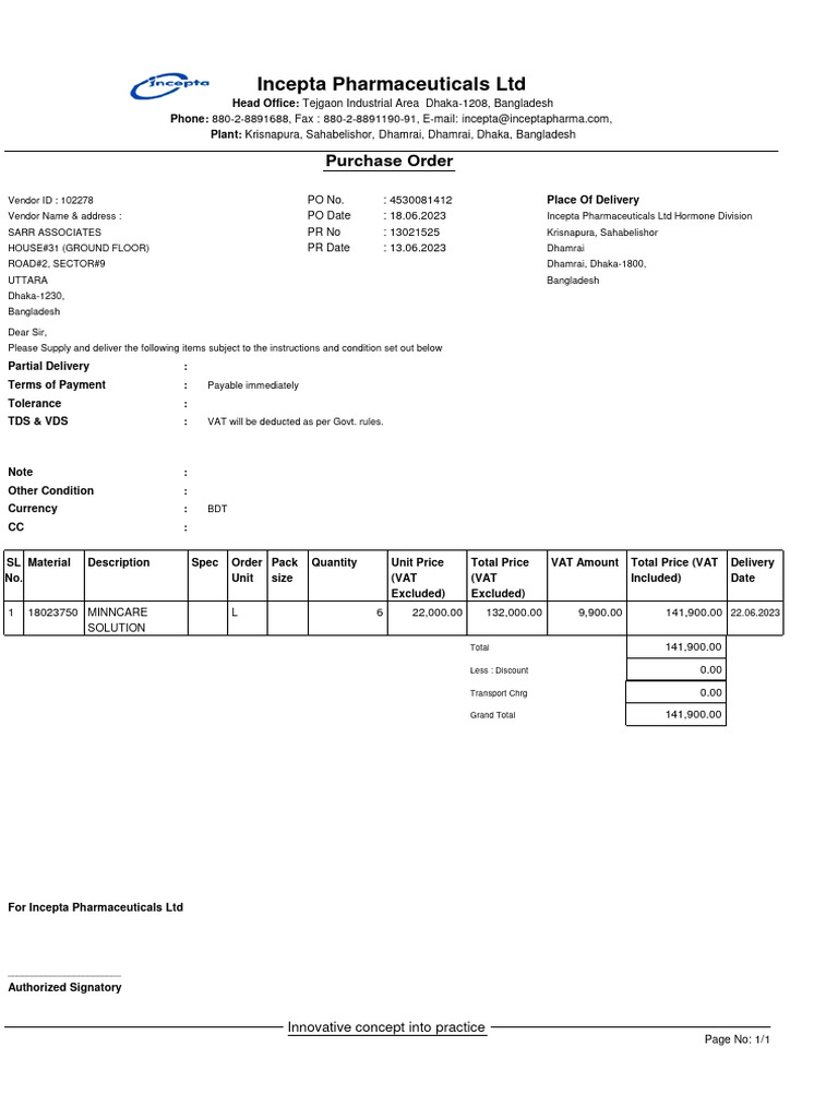 Incepta Pharmaceuticals LTD: Purchase Order | PDF | Value Added Tax | Money