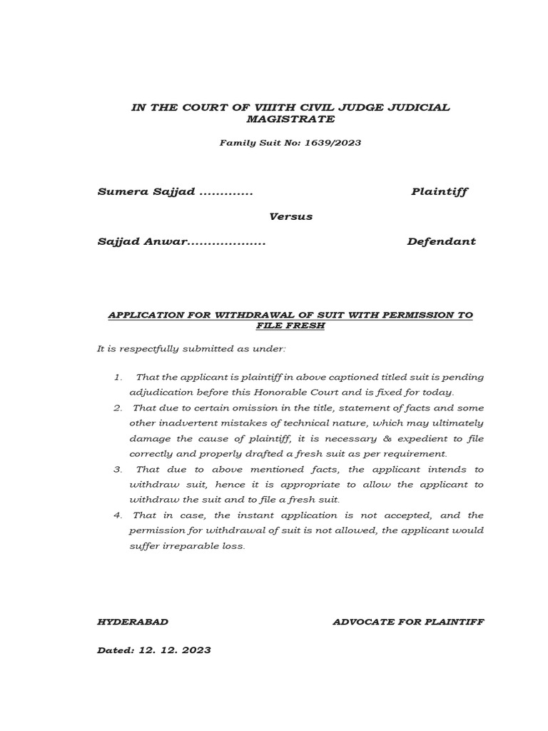 Application To Withdraw Suit | PDF | Lawsuit | Affidavit
