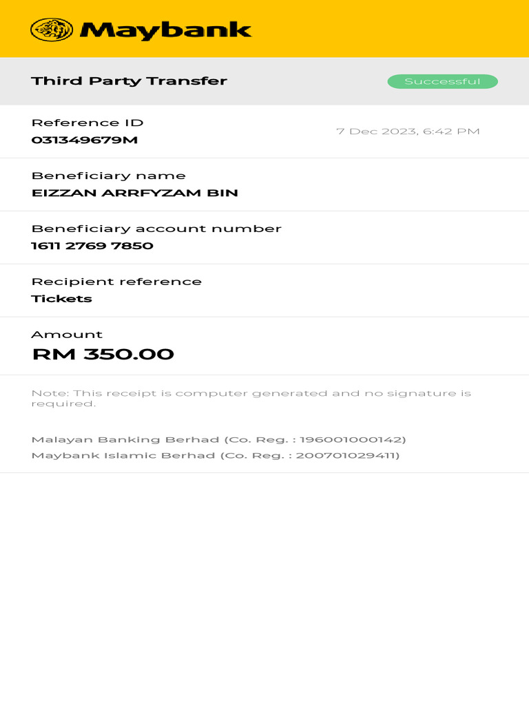 Successful RM 350 Transfer Receipt | PDF