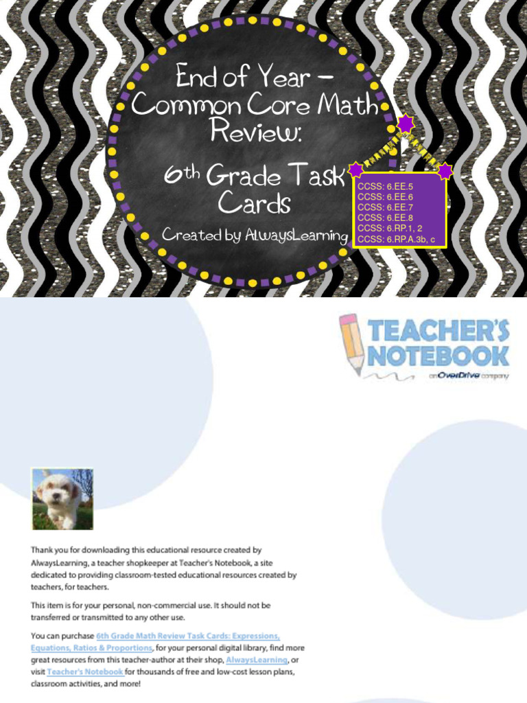 6th Grade Math Review Task Cards. Expressions, Equations, Ratios ...