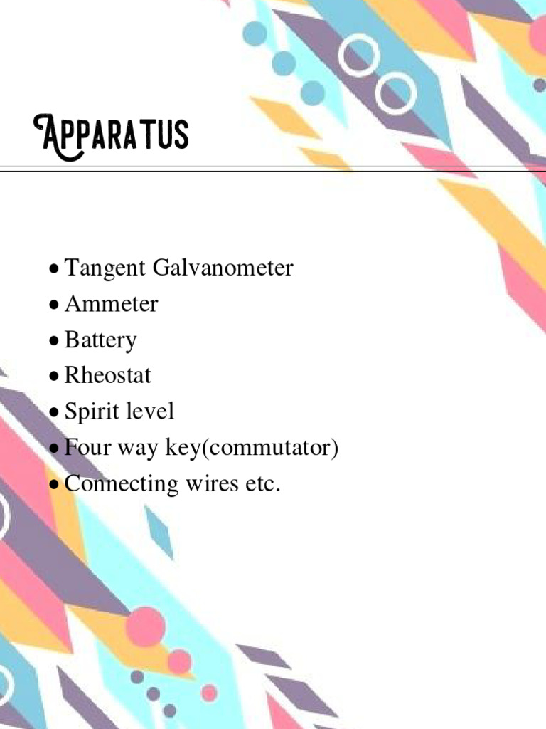 Apparatus: Tangent Galvanometer Ammeter Battery Rheostat Spirit Level ...