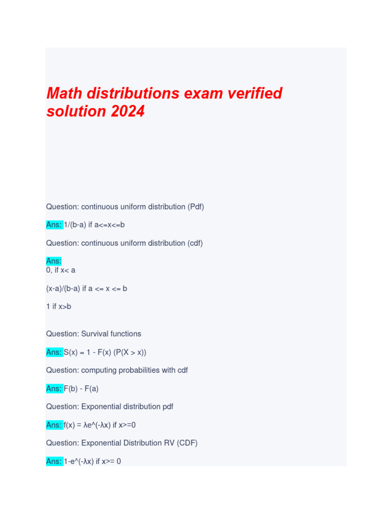 Math Distributions Exam Verified Solution 2024 | PDF | Variance | Normal Distribution