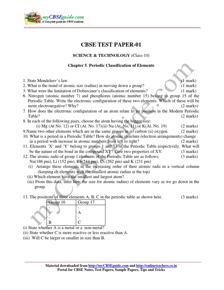 10 Science Periodic Classification of Elements Test 01 | PDF | Science ...