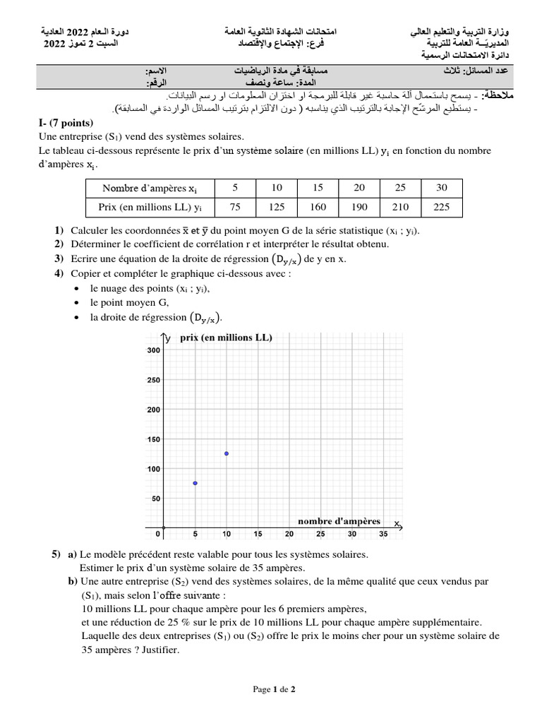 Examen SE Math Session 1 FR 2022 | PDF | Ajustement affine | Mathématiques appliqués