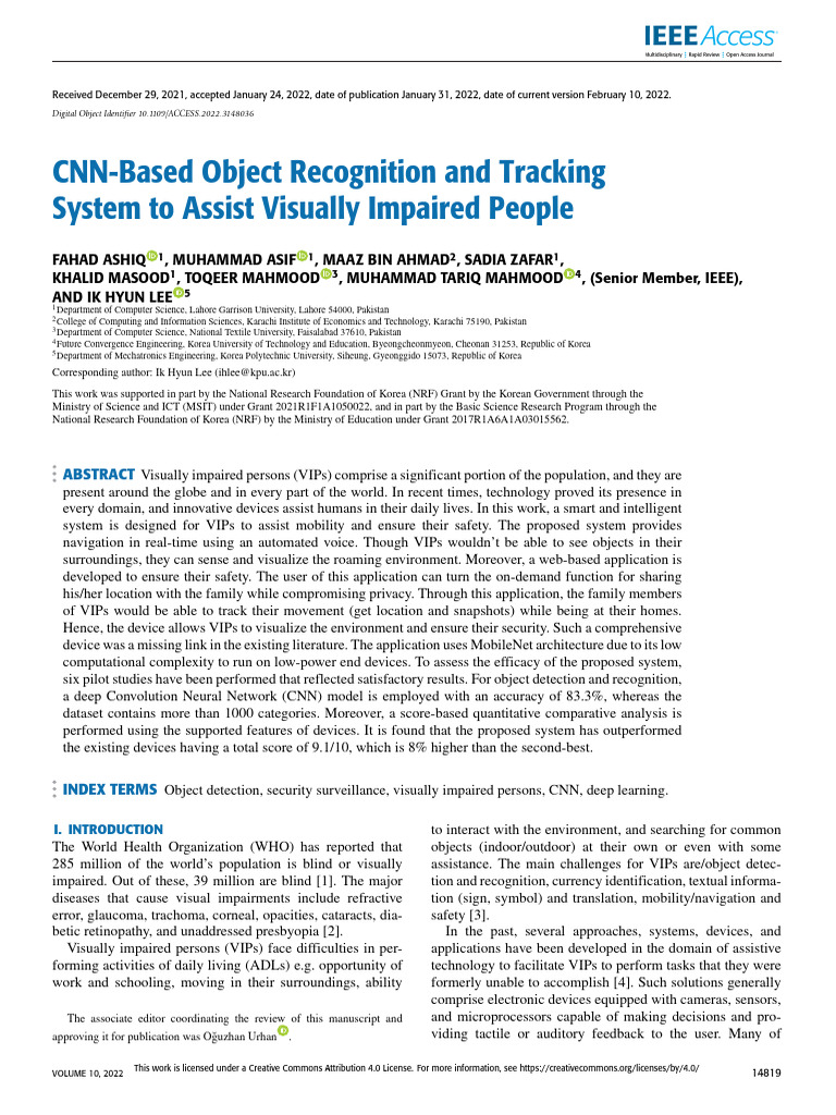 2022 CNN-Based Object Recognition and Tracking System To Assist Visually Impaired People | PDF