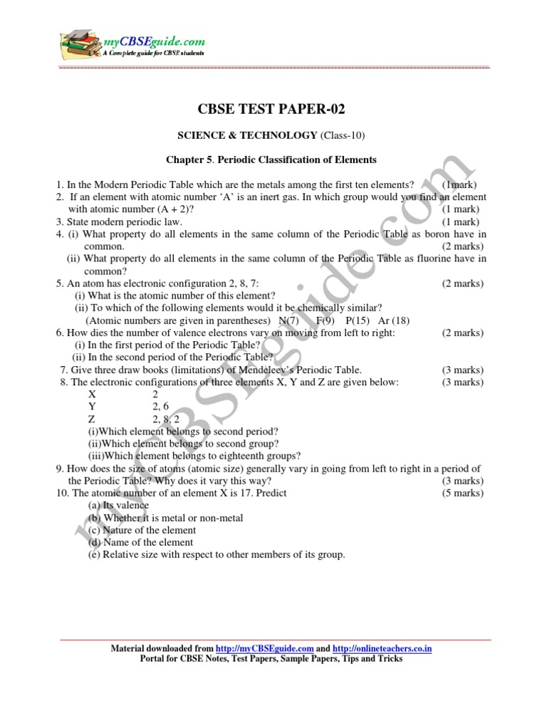 Class 10 Periodic Table Test Paper | PDF | Teaching Methods & Materials