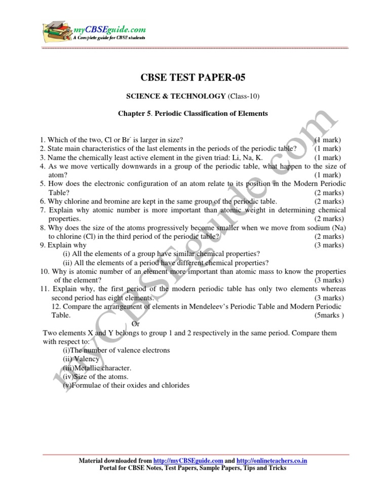 10 Science Periodic Classification of Elements Test 05 | PDF