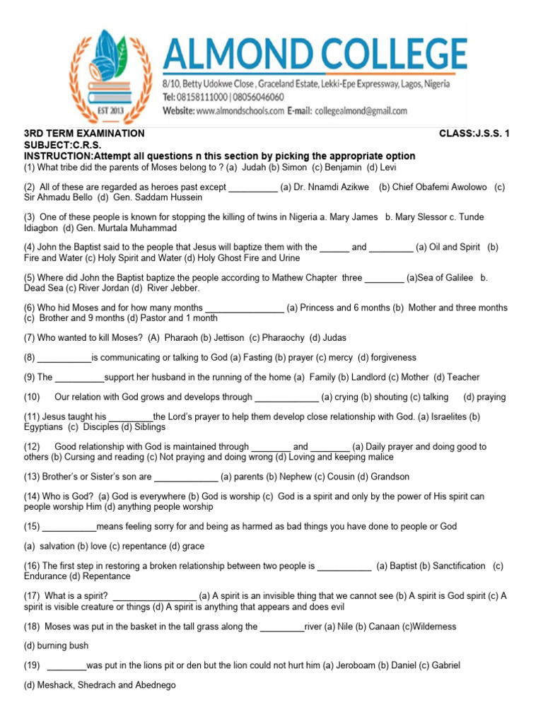 Year 7 CRS EXAM Questions | PDF