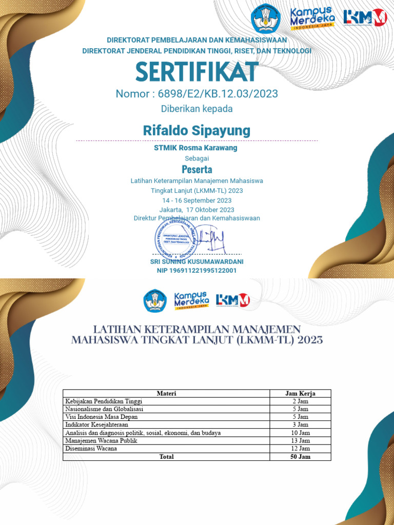 STMIK Rosma Karawang - Rifaldo Sipayung (Sertifikat LKMM-TL 2023) | PDF STMIK Rosma Karawang - Rifaldo Sipayung (Sertifikat LKMM-TL 2023) | PDF