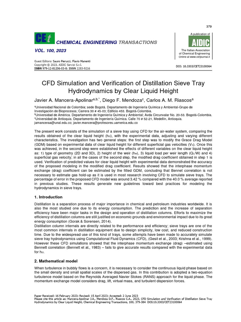 CFD Simulation and Verification of Distillation Sieve Tray Hydrodynamics by Clear Liquid Height ...
