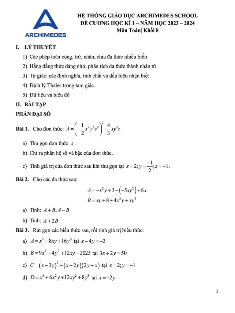 De Cuong Hoc Ki 1 Toan 8 Nam 2023 2024 He Thong Giao Duc Archimedes School Ha Noi | PDF