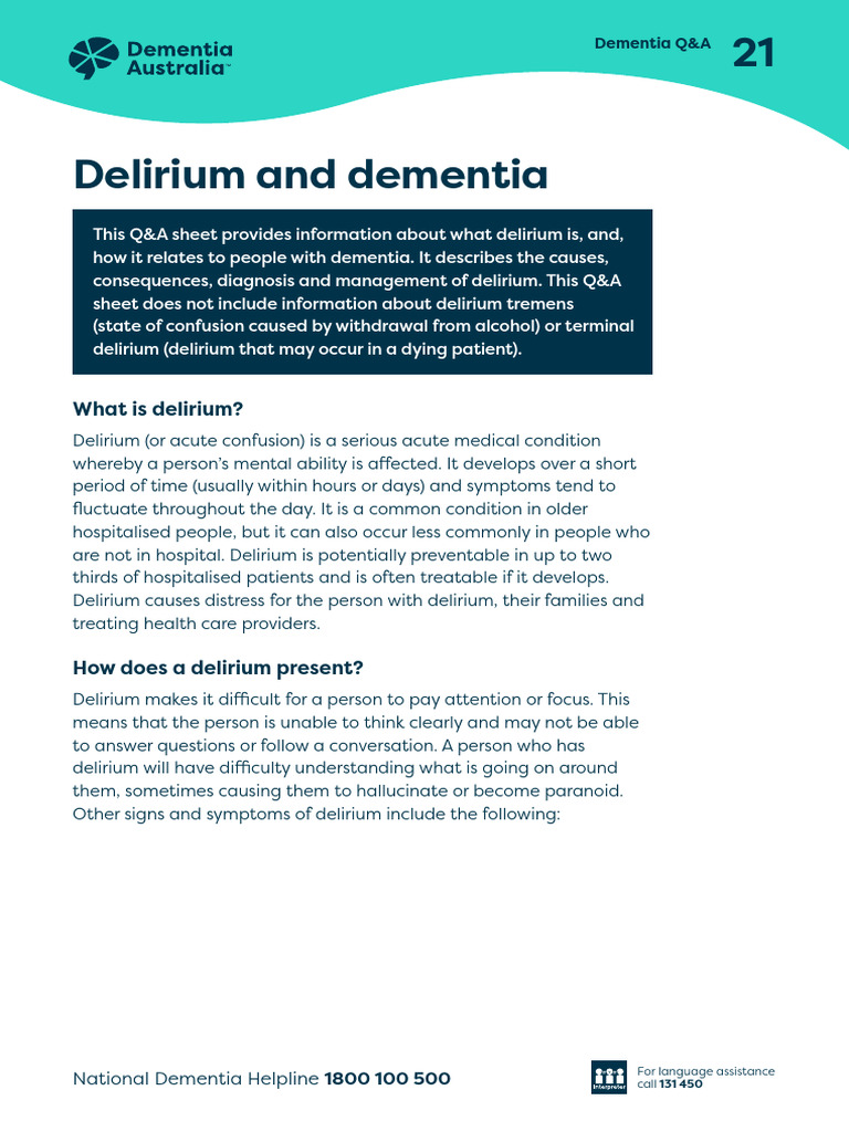 Helpsheet-DementiaQandA21 Delirium English | PDF | Dementia | Health ...