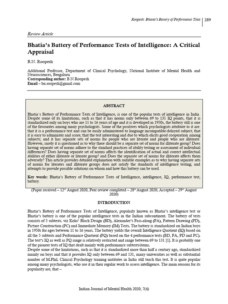 5 Review Article Bhatia Battery | PDF | Intelligence Quotient | Wechsler Adult Intelligence Scale