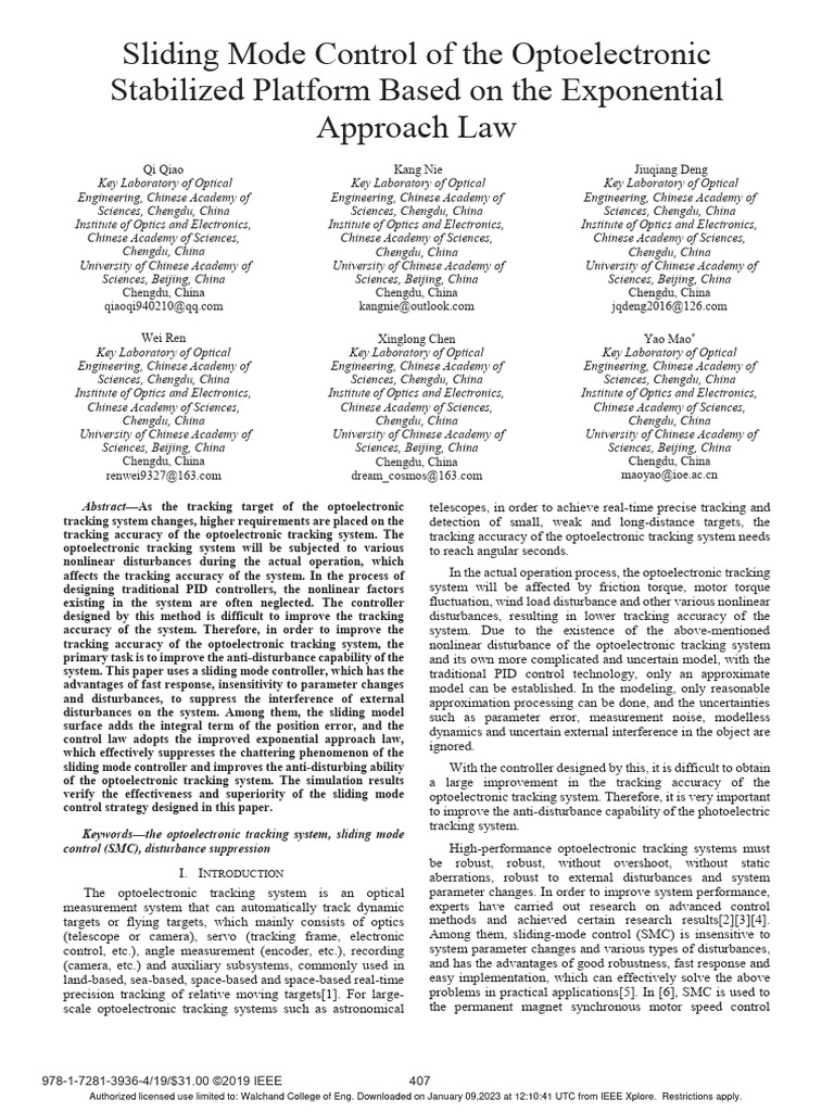 Sliding Mode Control of The Optoelectronic Stabilized Platform Based On The Exponential Approach ...