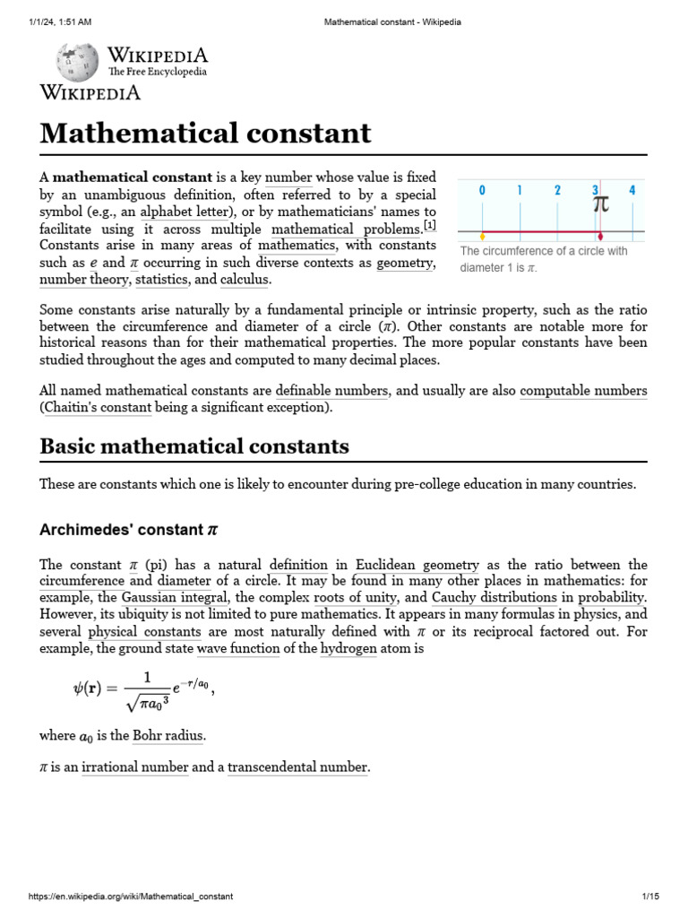 Mathematical Constant | PDF | Pi | Numbers