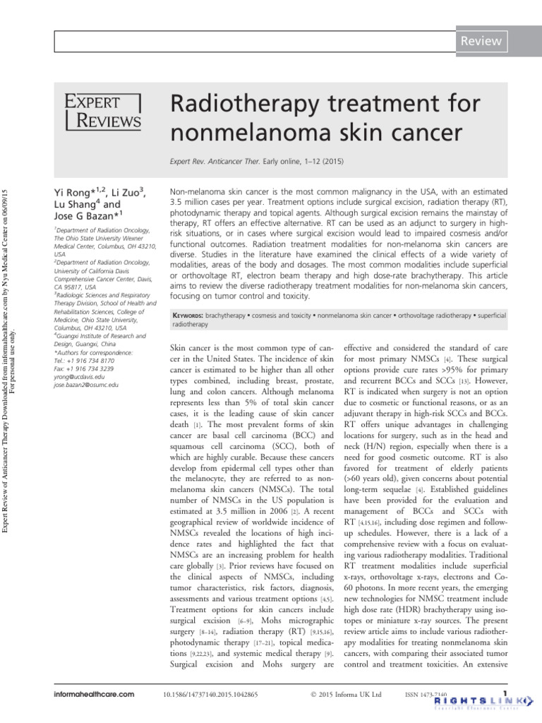 Radiotherapy Treatment For Nonmelanoma Skin Cancer: Yi Rong, Li Zuo, Lu ...