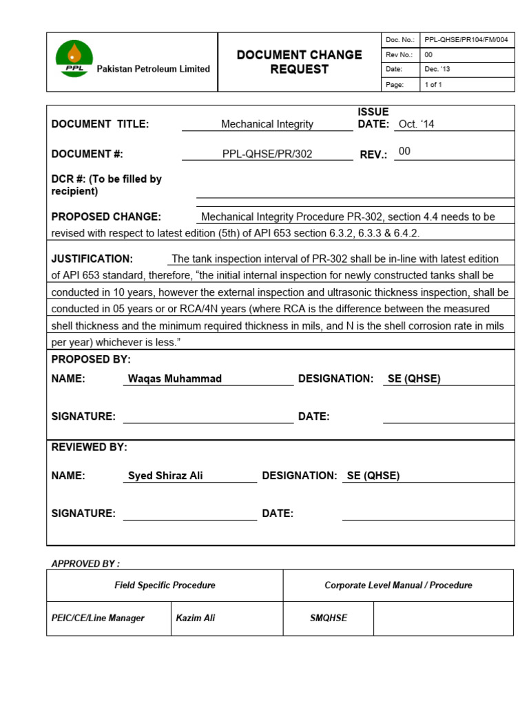 DCR - Tank Inspection Interval | PDF