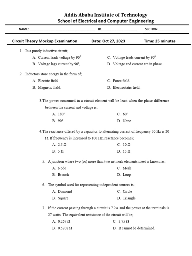 Mock Up Exam | PDF | Electrical Network | Voltage