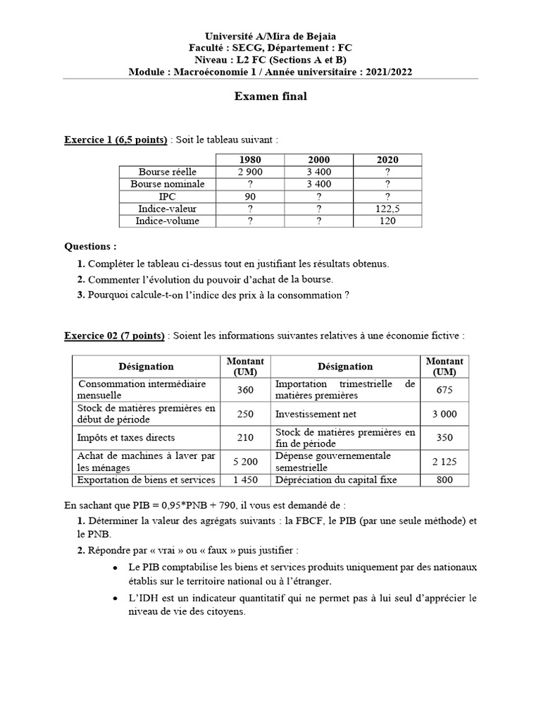 Sujet Dexamen Final + Son Corrigé-Type Macro1 L2 FC (2021-2022) | PDF