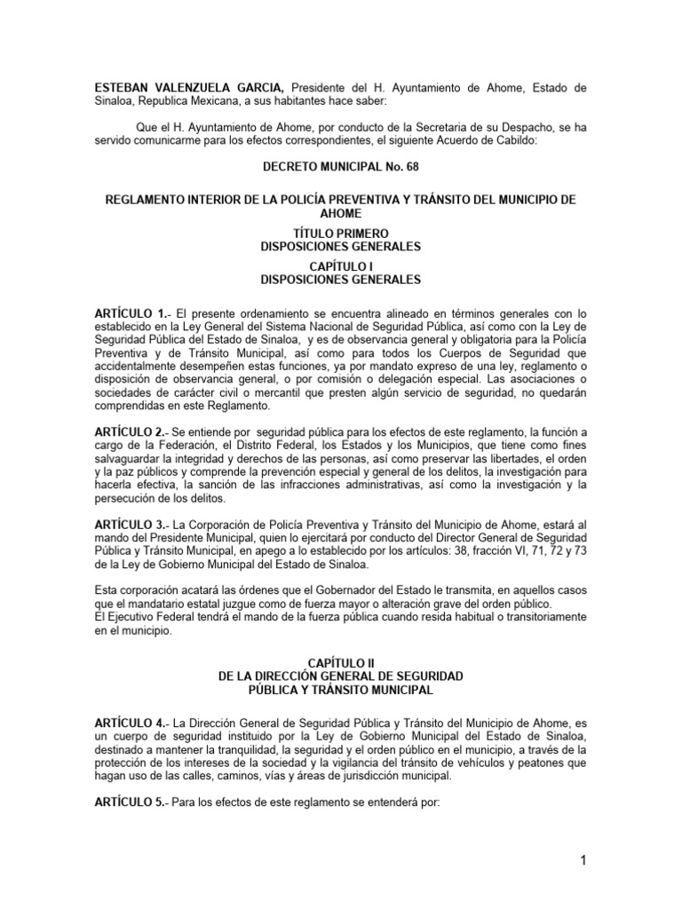 Decreto Municipal No. 68 Reglamento Int. de La Pol. Preventiva y ... Decreto Municipal No. 68 Reglamento Int. de La Pol. Preventiva y ...