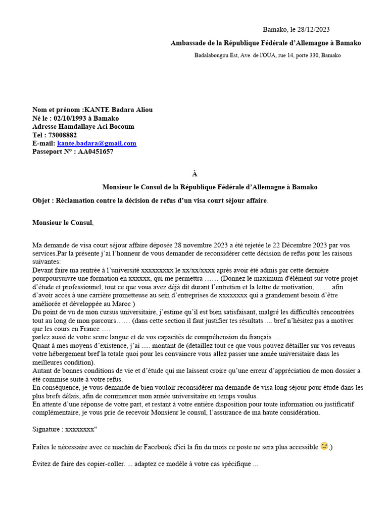 Recours pour refus de visa court séjour | PDF | Visa (Document)