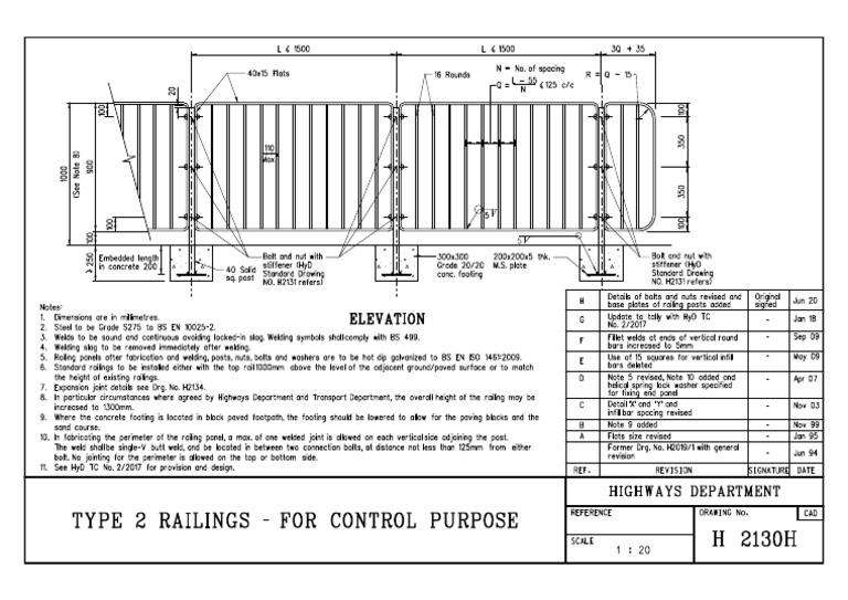 H 2130H Type 2 Railings - For Control Purpose: Elevation | PDF