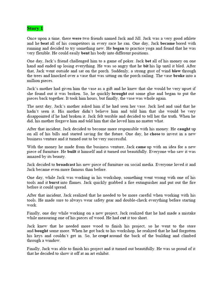 Irregular Verbs (V2) Stories | PDF