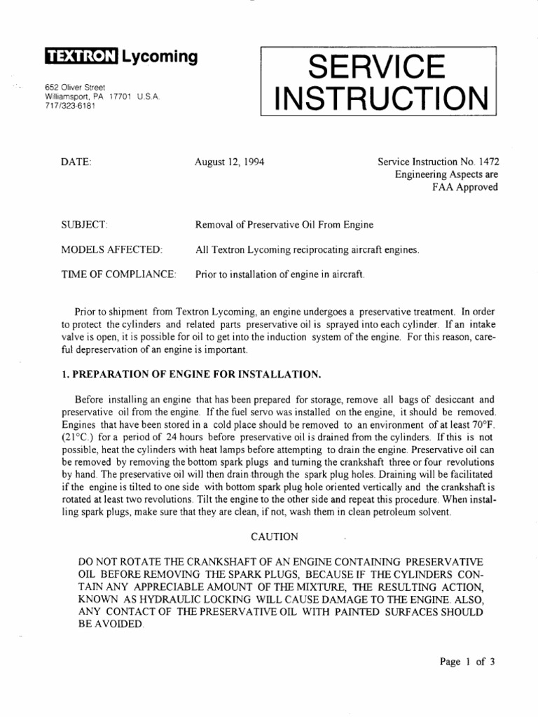 SI1472 Engine Removal of Preservative Oil | PDF | Carburetor | Engines