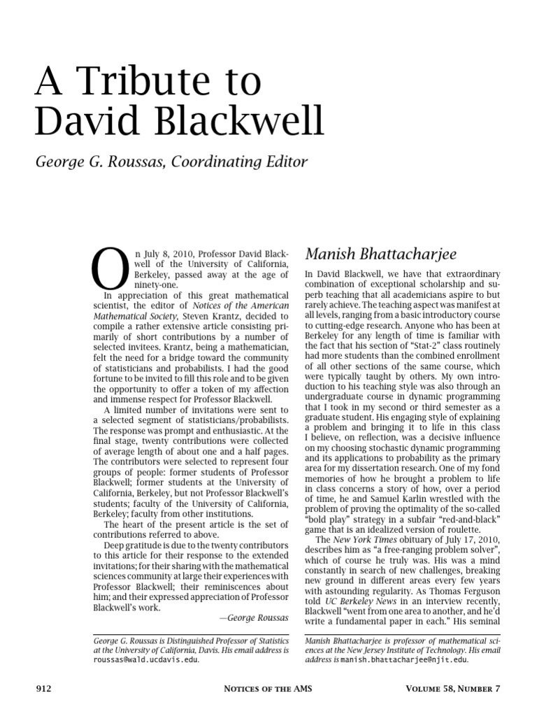 Tribute To David Blackwell | PDF | Bias Of An Estimator | Statistics