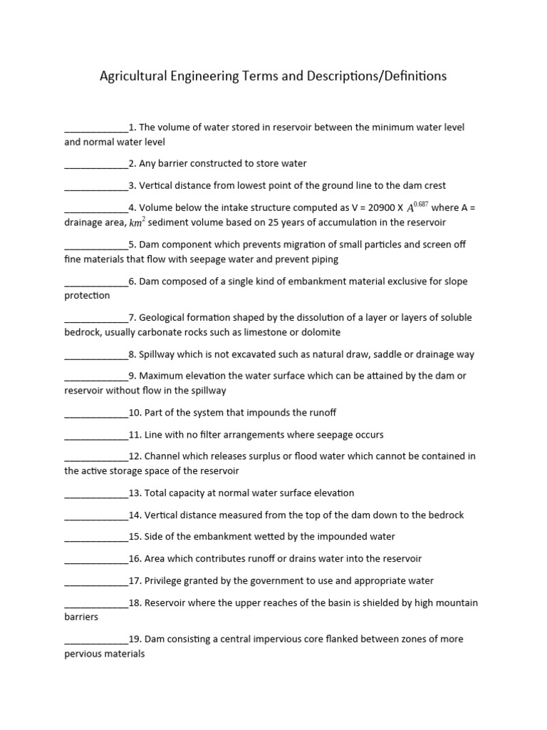 Agricultural Engineering Terms and DescriptionsDefinitions - Exam | PDF