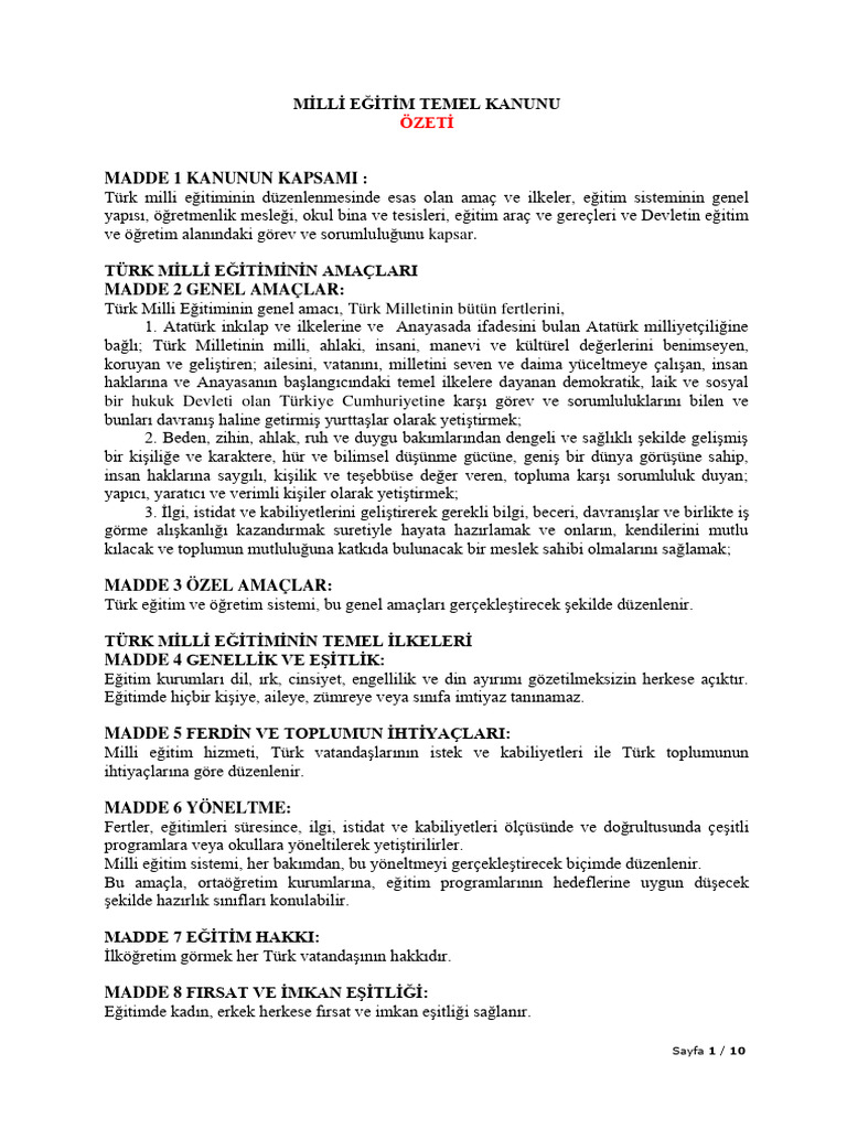 4 1739 Milli Egitim Temel Kanunu Ozeti | PDF
