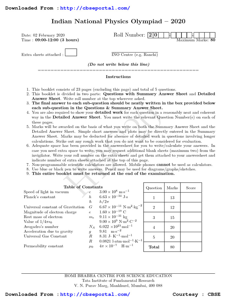Indian National Physics Olympiad - 2020: Roll Number: 2 0 | PDF ...