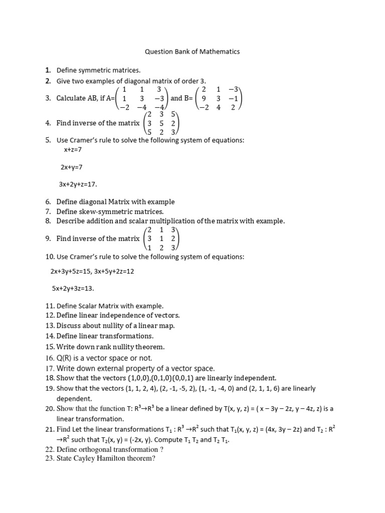 Question Bank of Mathematics (B.Tech) | PDF | Matrix (Mathematics ...