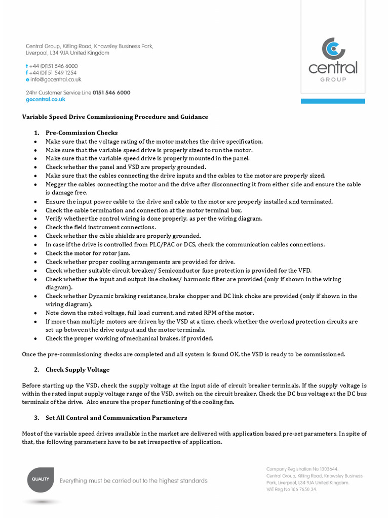 Variable Speed Drive Commissioning Procedure and Guidance 1. Pre-Commission Checks | PDF ...