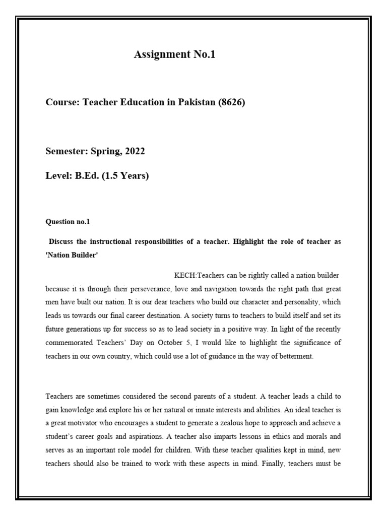 Assignment No.1: Course: Teacher Education in Pakistan (8626) | PDF
