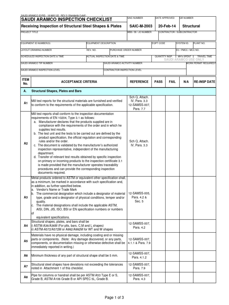 SAIC-M-2003 Rev. 7 Receiving Insp of Structural Steel | PDF