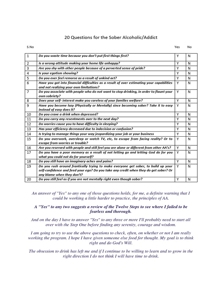 20 Questions For Sober Alcoholic-1 | PDF | Alcoholics Anonymous ...