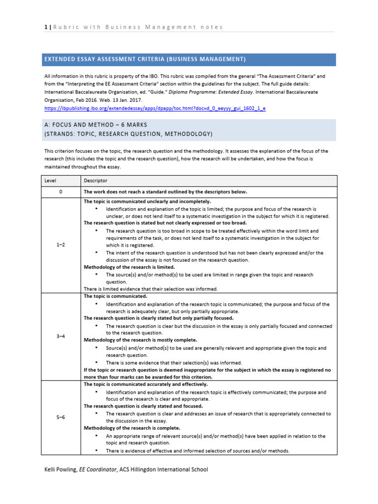 Business Management Extended Essay Rubric | PDF | Essays | Understanding