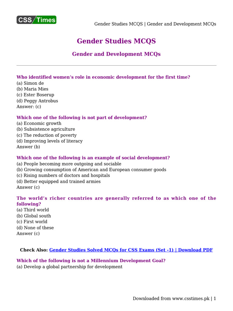 Gender Studies MCQS - Gender and Development MCQs | PDF | Society | International Relations