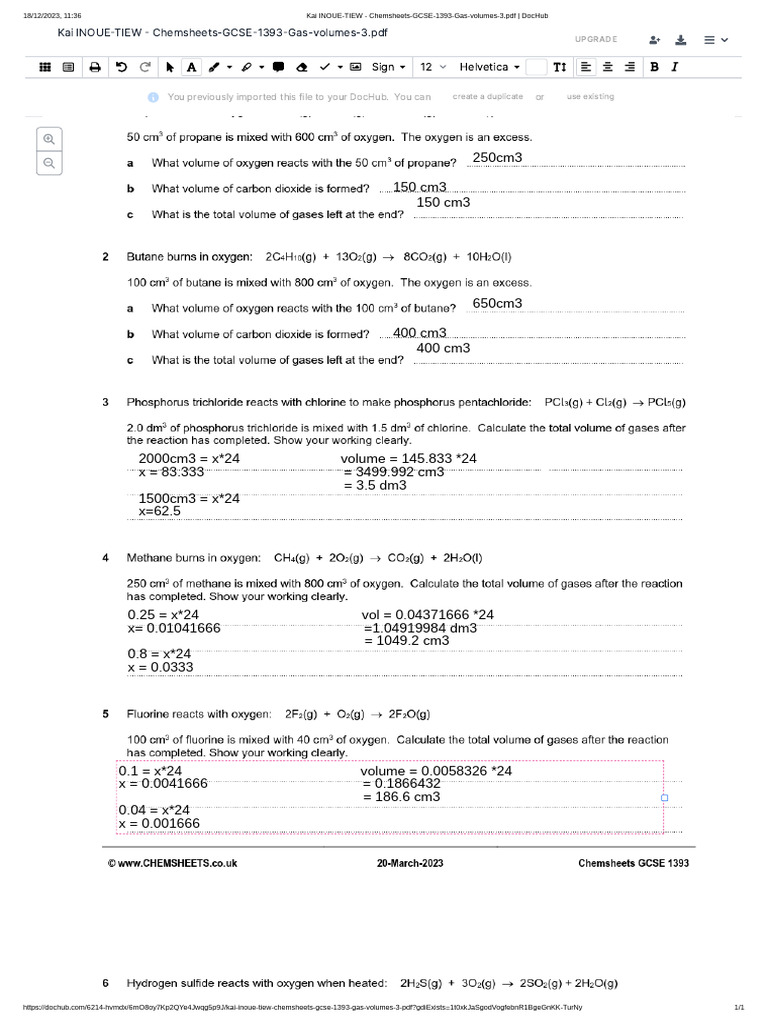 Gas Volumes: Chemsheets GCSE 1393 | PDF