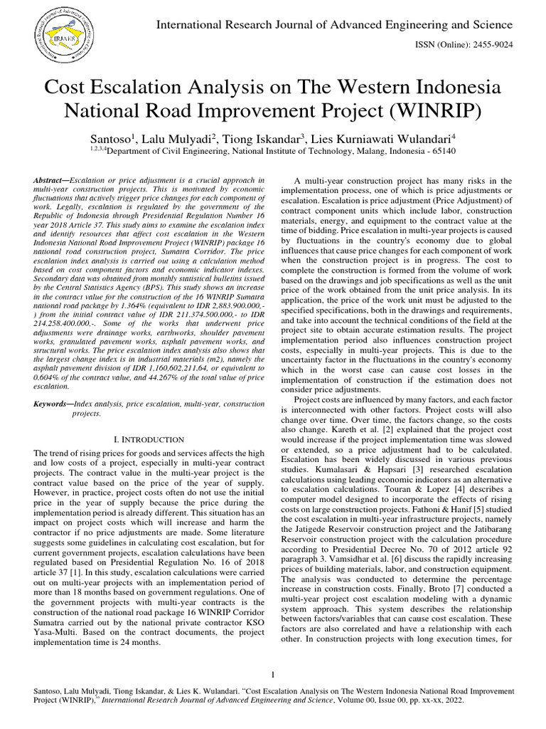 Cost Escalation in WINRIP Project Analysis | PDF