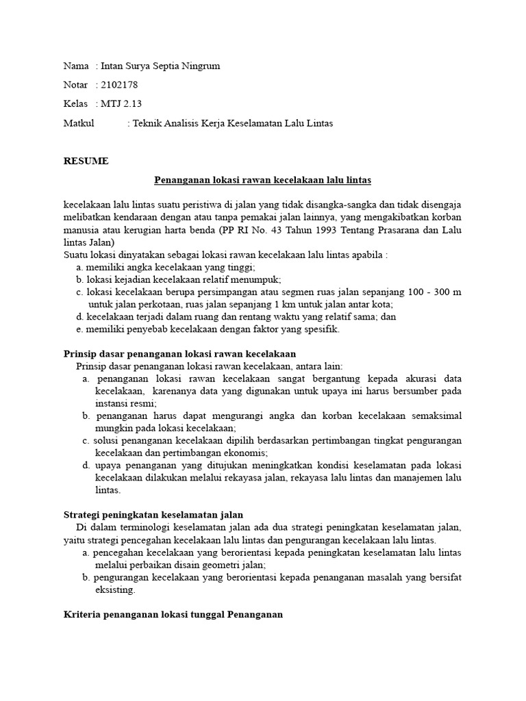 Intan Surya S.N - Resume Kecelakaan Lalin | PDF | Teknologi & Rekayasa