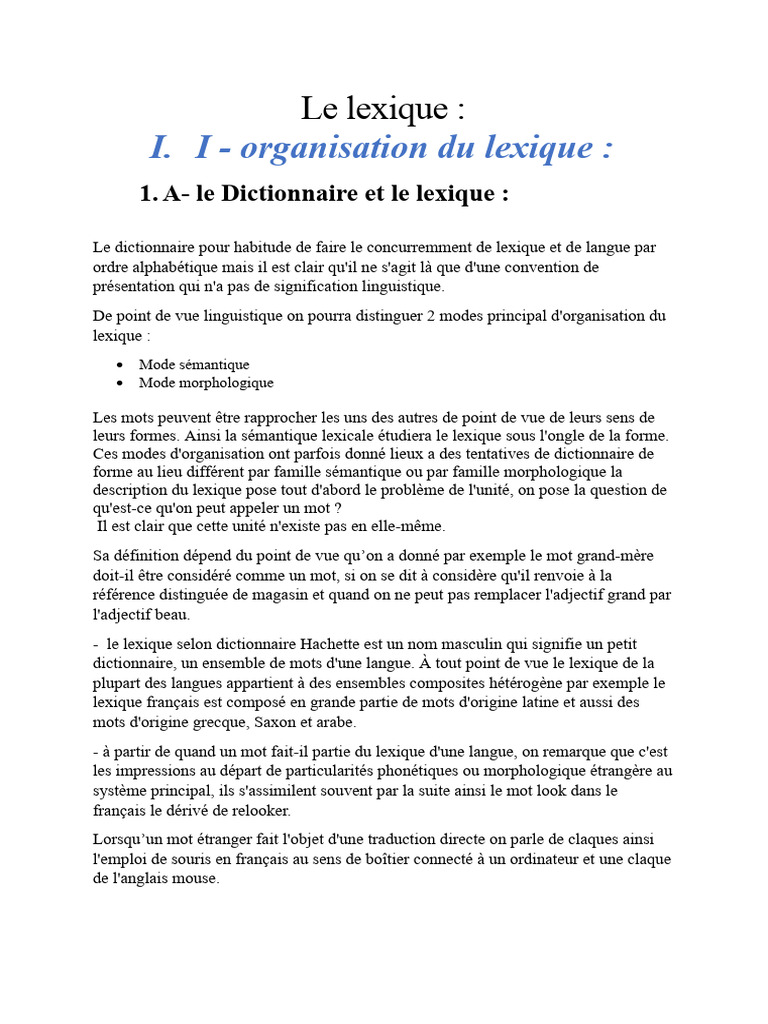 Cour 1 Linguistique Le Lexique | PDF